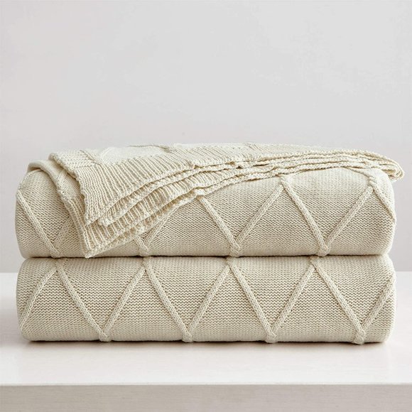 Bedding | Luxury Cotton Knitted Cable Throw Blanket Cream | Poshmark